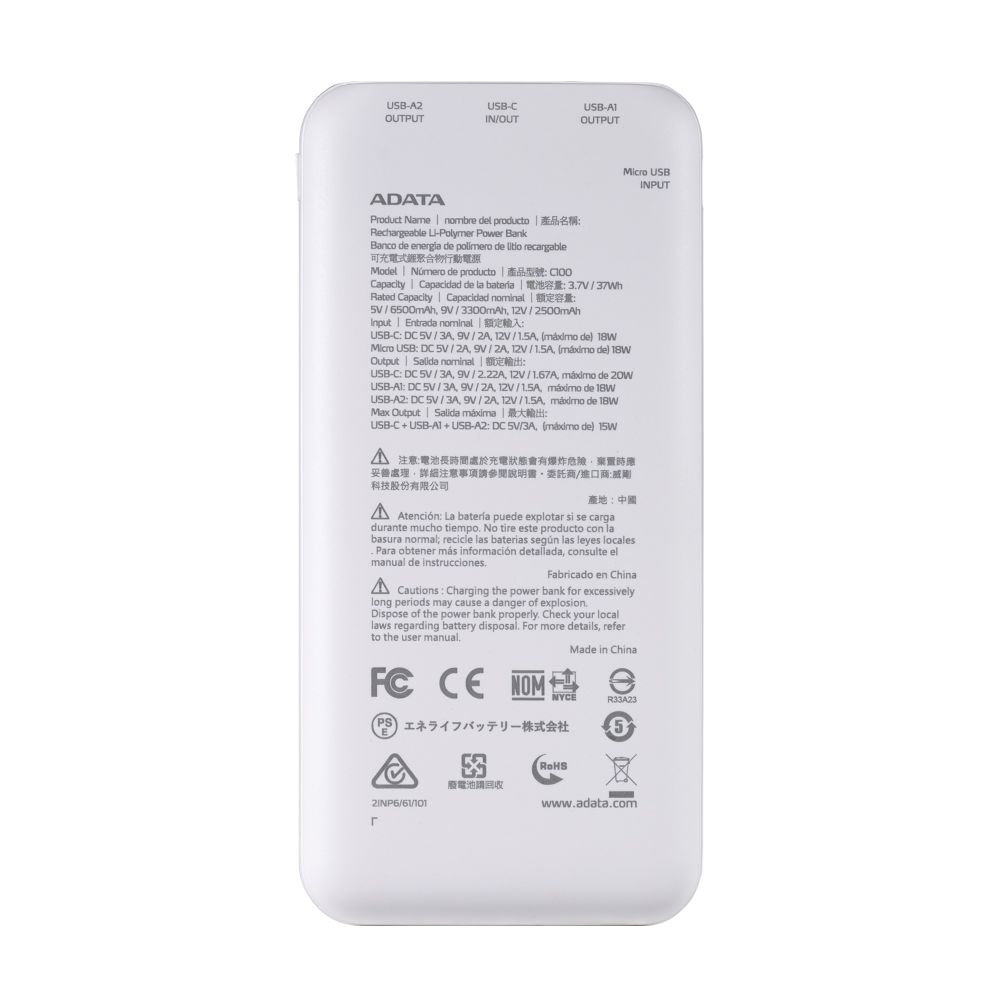 Power bank Adata C100 10,000mAh tipo C Blanca - ReadyClick